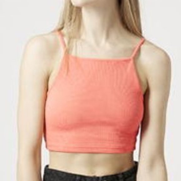 Topshop | Tops | Topshop Coral Ribbed Knit High Square Neck Crop Top ...